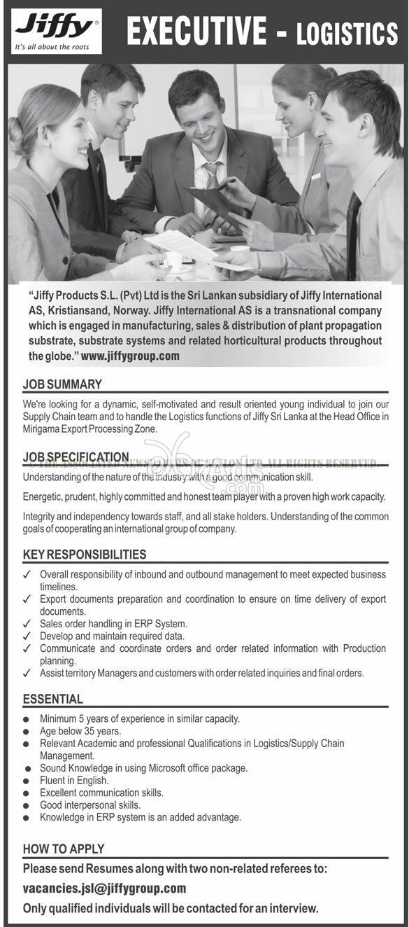 Executive - Logistics Job Vacacnies at Jiffy Products SL (Pvt) Ltd