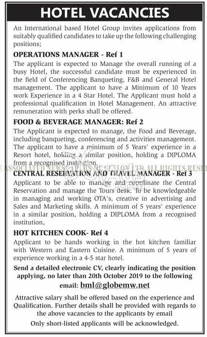 Managers, Hot Kitchen Cook Job Vacancies at Hotel