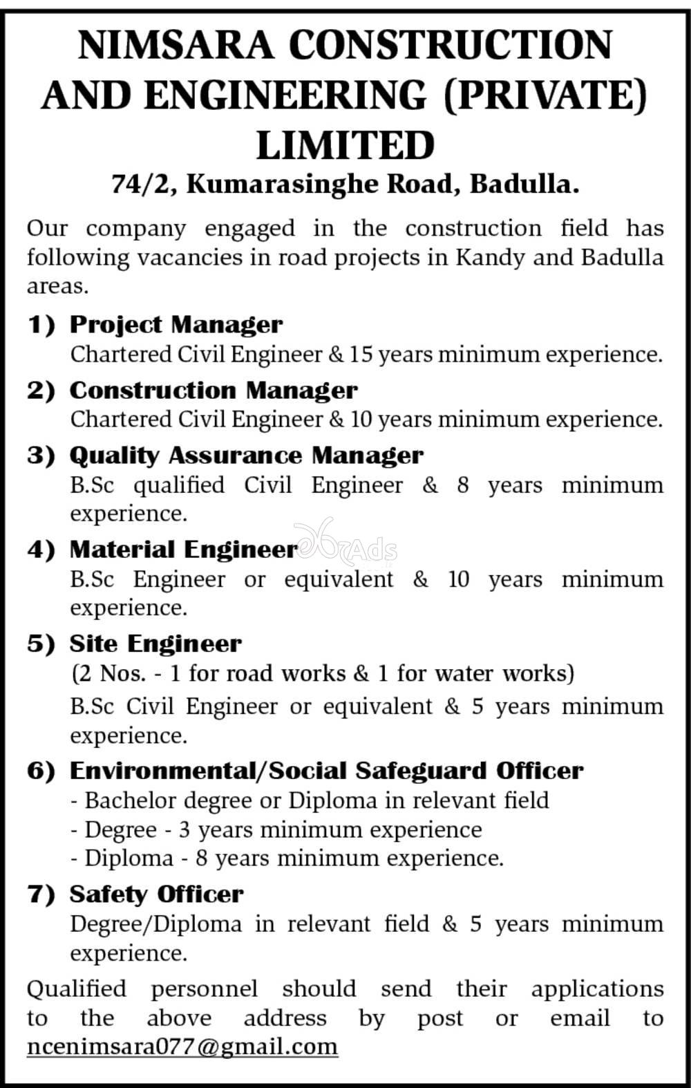 Manager, Engineer, Safety officer, Social Safeguard officer - Nimsara Construction & Engineering ...