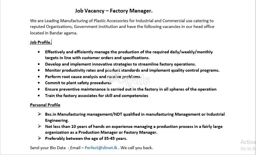Factory Manager - Bandaragama