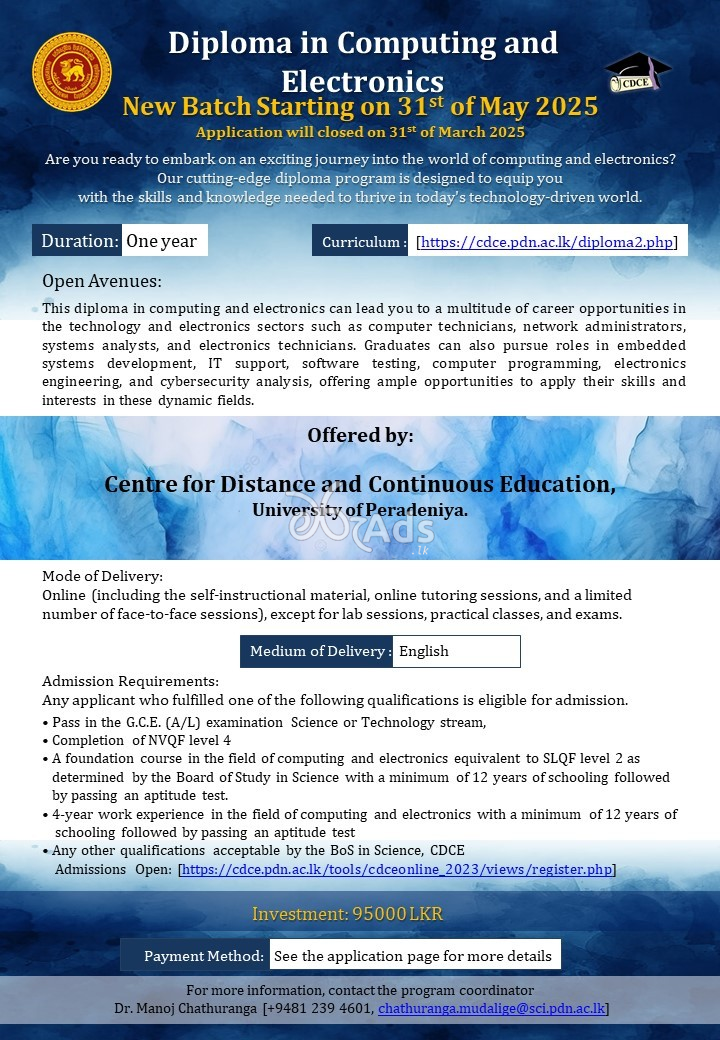 Diploma in Computing and Electronics - University of Peradeniya