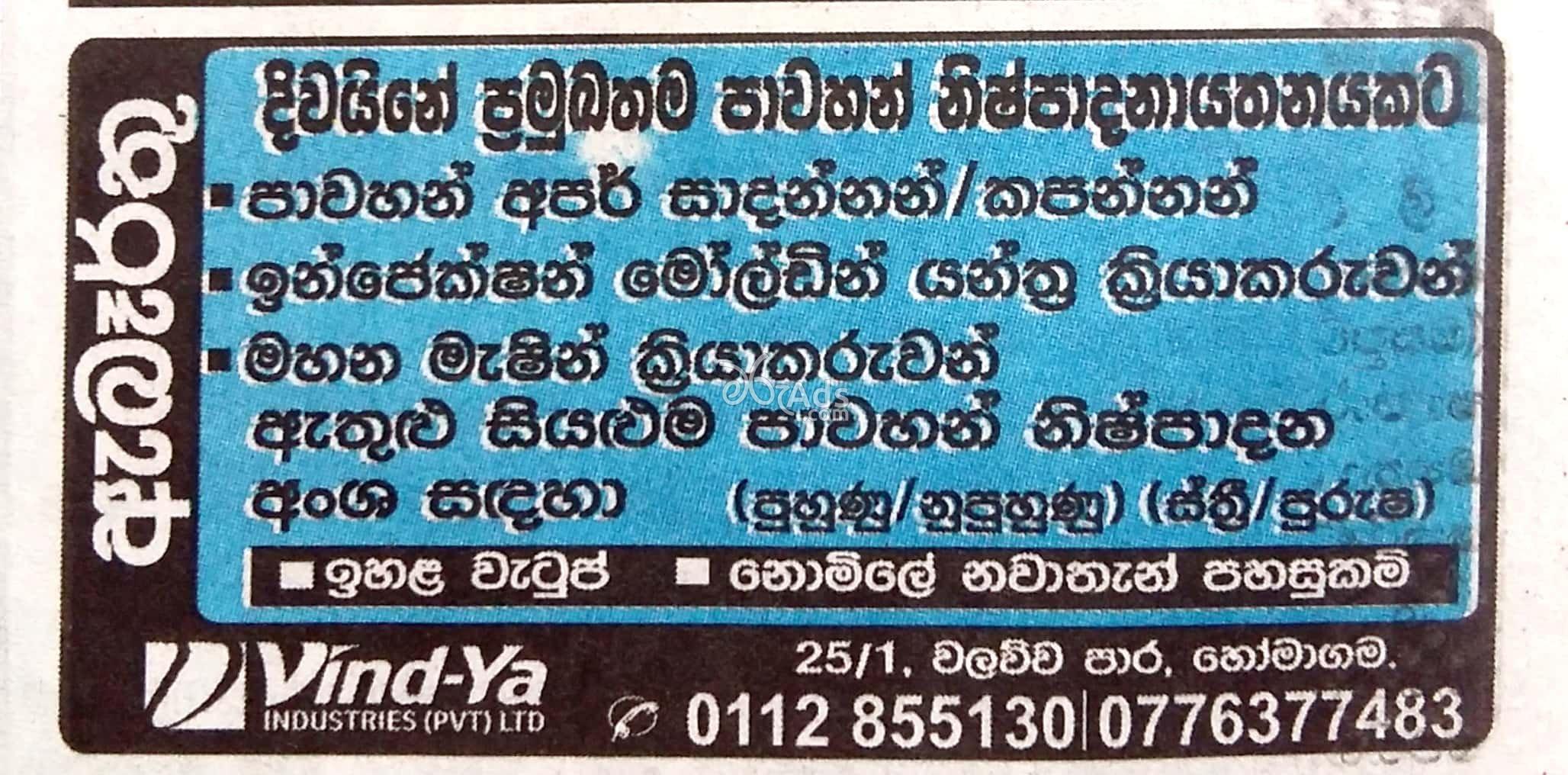 Shoe Maker Machine Operator Vacancies At Vindya Industries Pvt Ltd