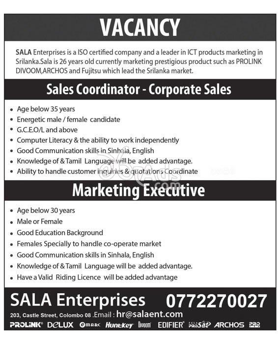 Sales Coordinator, Marketing Executive Job Vacancies at SALA ...