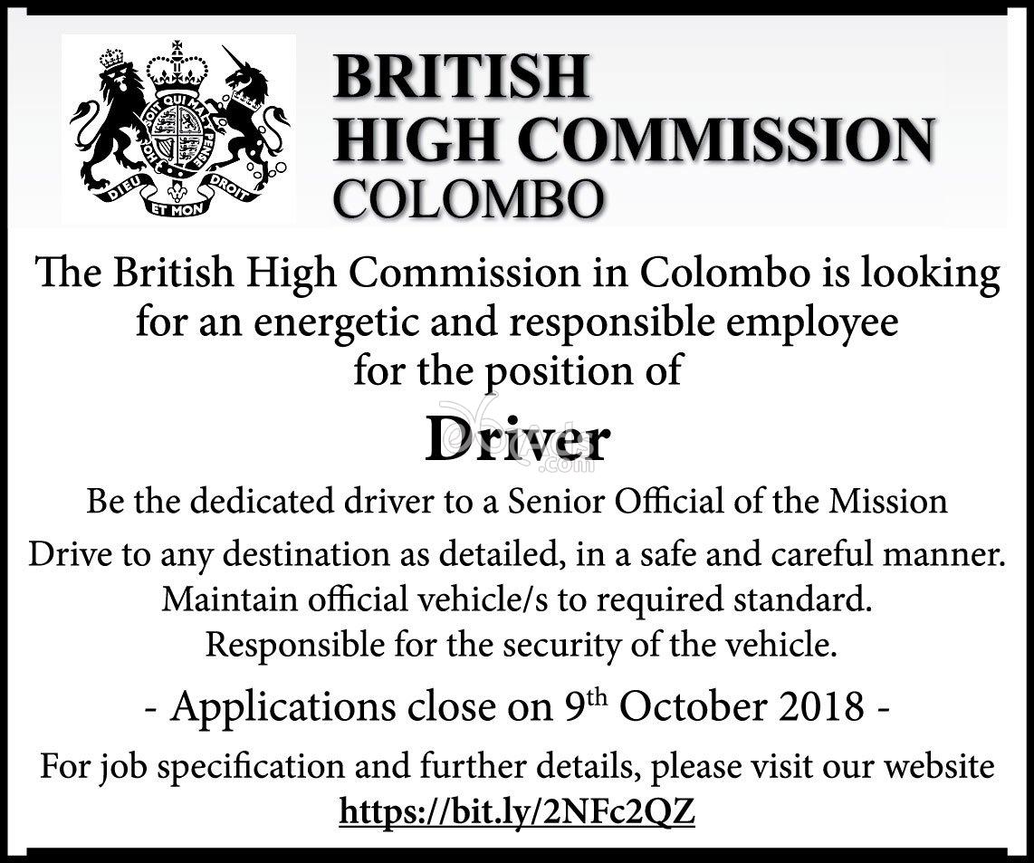 Driver Government Job Vacancy at British High Commission - Colombo