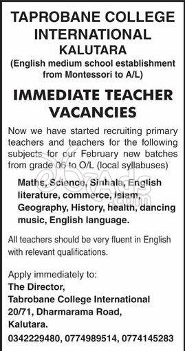 Teachers Job Vacacnies at Taprobane College International - Kalutara