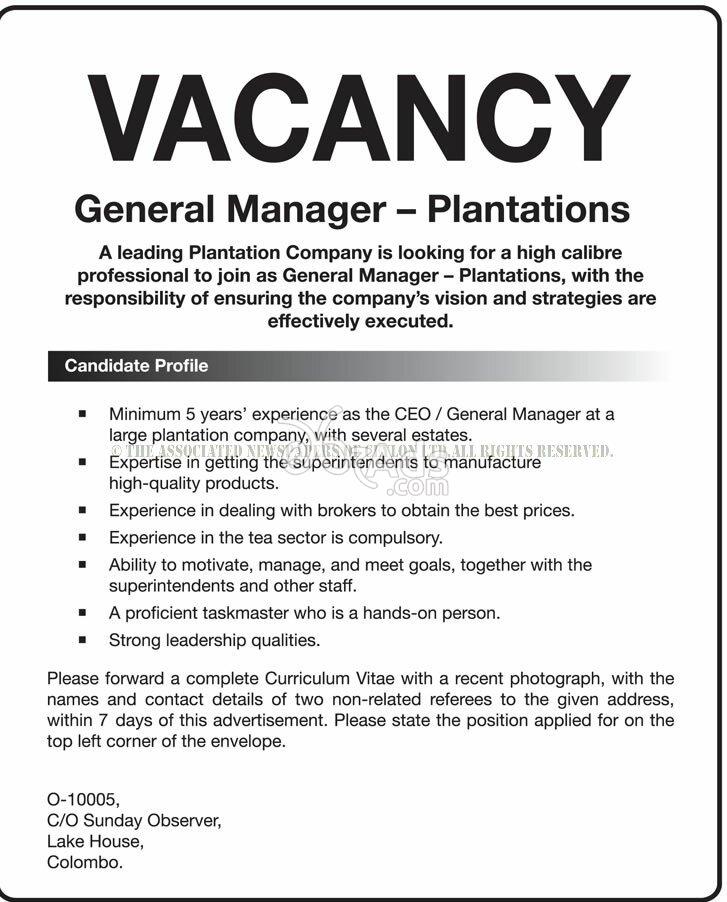 Vacancy for General Manager - Plantations - Colombo