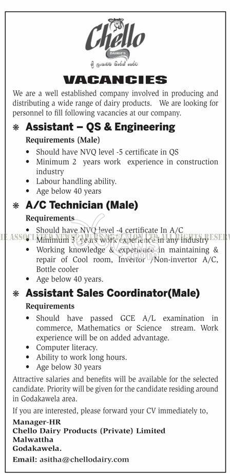 Assistant, A/C Technician, Assistant Sales Coordinator Vacancies at ...