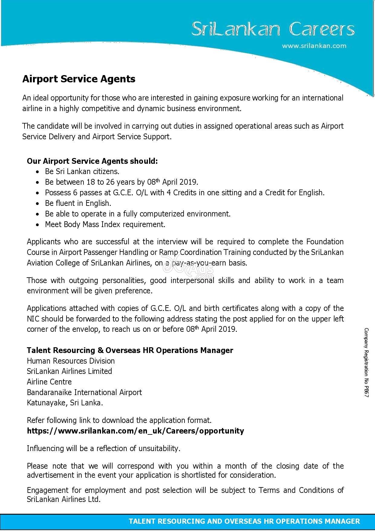 Airport Service Agents Government Vacancies at Sri Lankan Airlines Limited - Katunayake