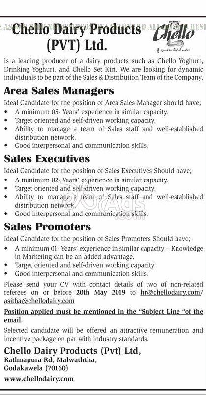 Area Sales Manager, Sales Executive / Promoters Vacancies at Chello ...
