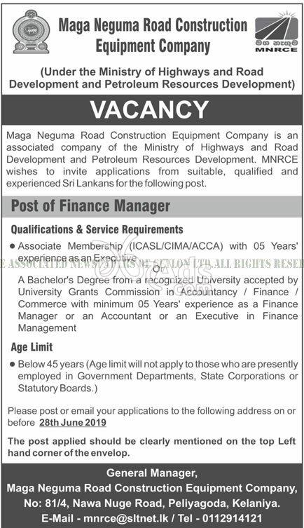 Finance Manager Government Vacancy at Maga Neguma Road Construction ...