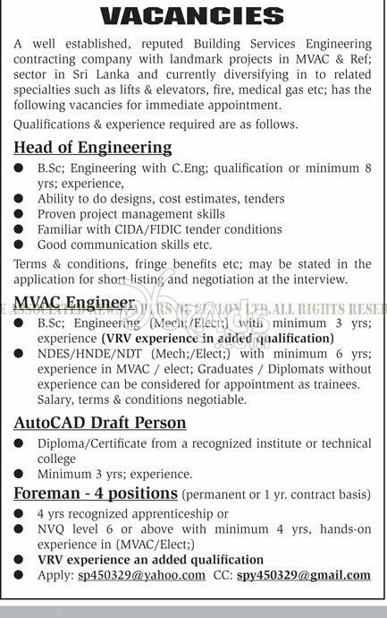 Head of Engineering, MVAC Engineer, AutoCAD Draft Person, Foreman Job ...